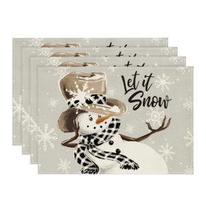 artoid mode grey snowman snowflakes let it snow winter placemats set of 4, 12x18 inch seasonal christmas table mats for party kitchen dining decoration