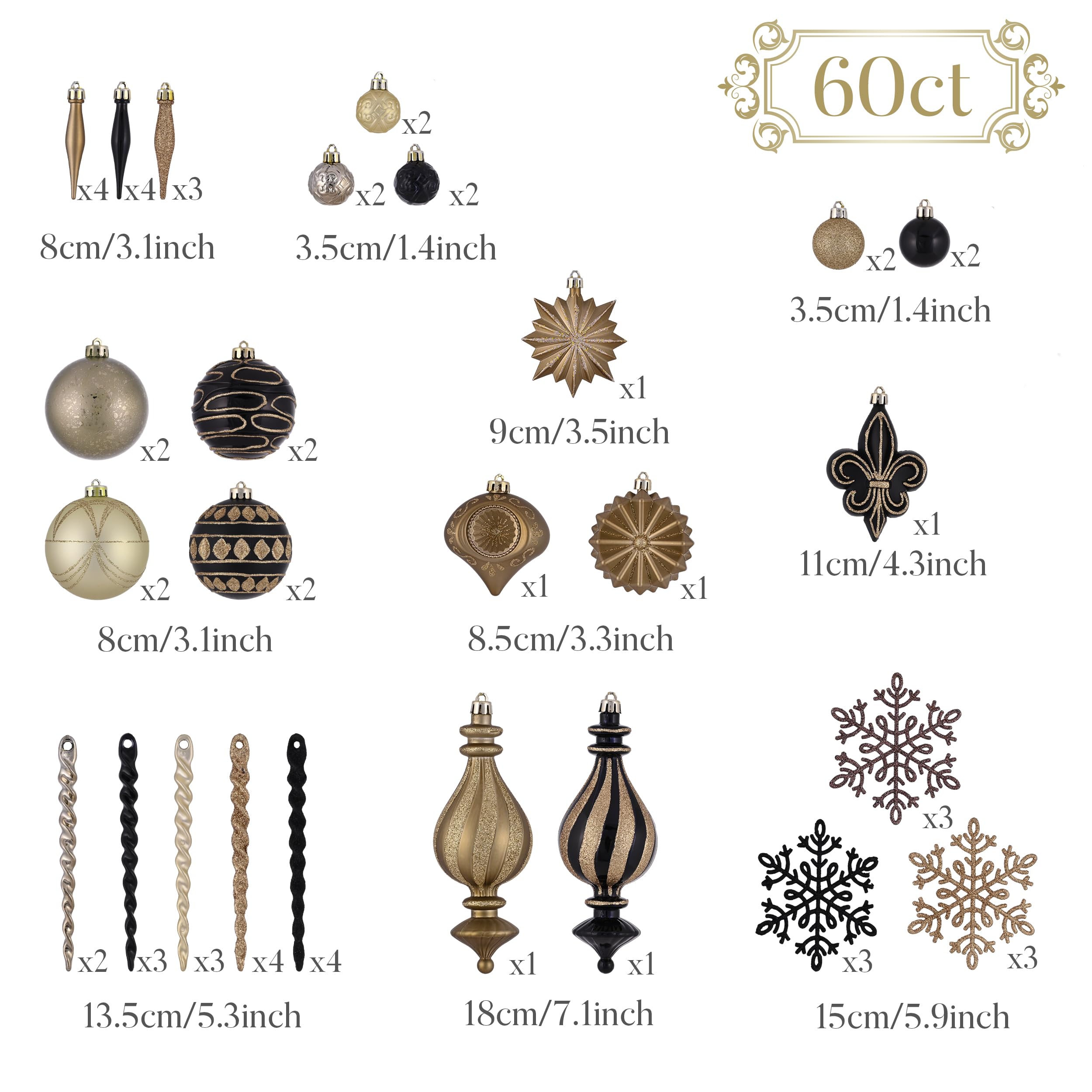 Valery Madelyn Christmas Tree Ornaments Set, 60ct Black and Gold Shatterproof Christmas Tree Decorations Bulk, Leopard Hanging Ball Ornaments for Xmas Trees Holiday Ramadan Decor