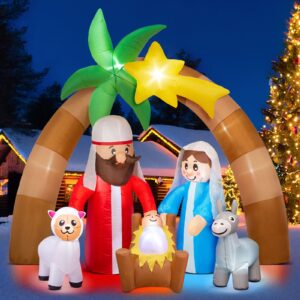 coobily 8ft christmas inflatables decorations nativity scene, bright led lights jesus blow up christmas decorations with star of bethlehem archway for indoor outdoor christmas yard decor, brown