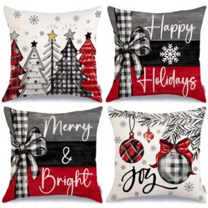 geeory christmas throw pillow covers 18 x 18 inch set of 4, xmas trees merry and bright happy holidays farmhouse decorative cushion cases for home decoration g418-18