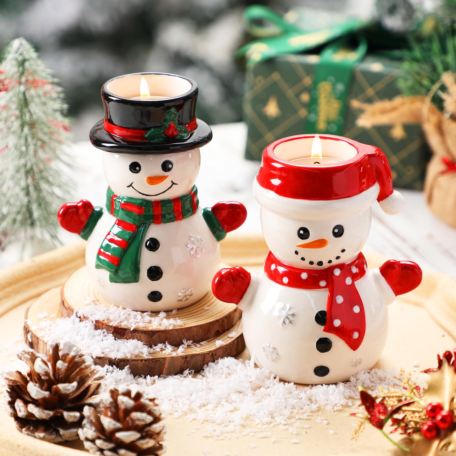 Christmas Snowman Tealight Holder Ceramic Candle Holder for Christmas Winter Holiday Table Fireplace Decorations Supplies Set of 2