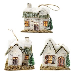 nature vibe snow village houses ornament with warm led lights, set of 3 birch log cabin christmas tree ornaments,rustic house figurines as winter wonderland decorations