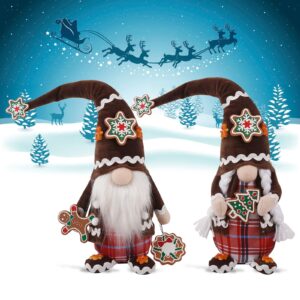 thasungo gingerbread gnomes couple christmas gnomes with snowflake kitchen tiered tray decorations, buffalo plaid winter plush elf dwarf christmas ornaments decor set of 2