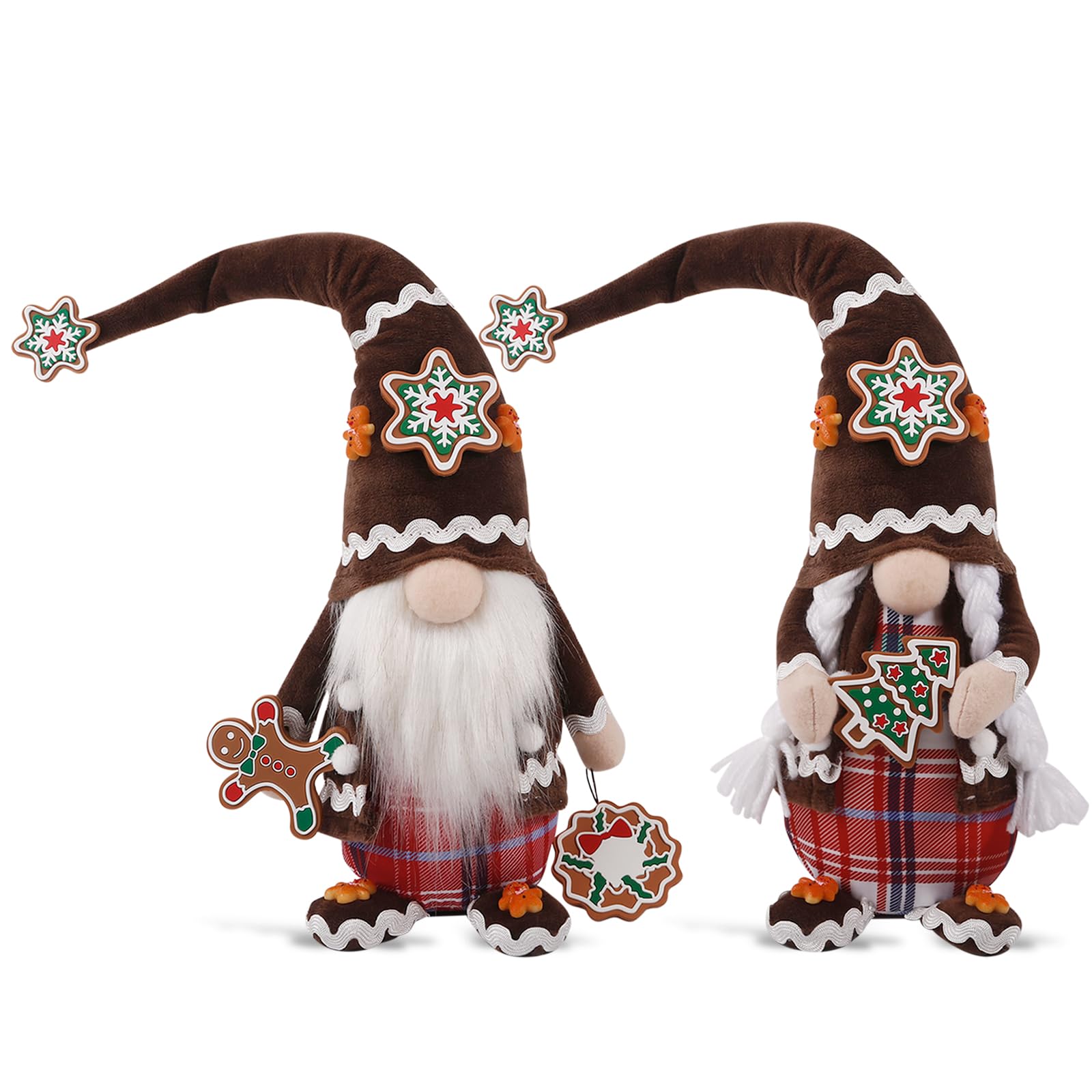 Thasungo Gingerbread Gnomes Couple Christmas Gnomes with Snowflake Kitchen Tiered Tray Decorations, Buffalo Plaid Winter Plush Elf Dwarf Christmas Ornaments Decor Set of 2