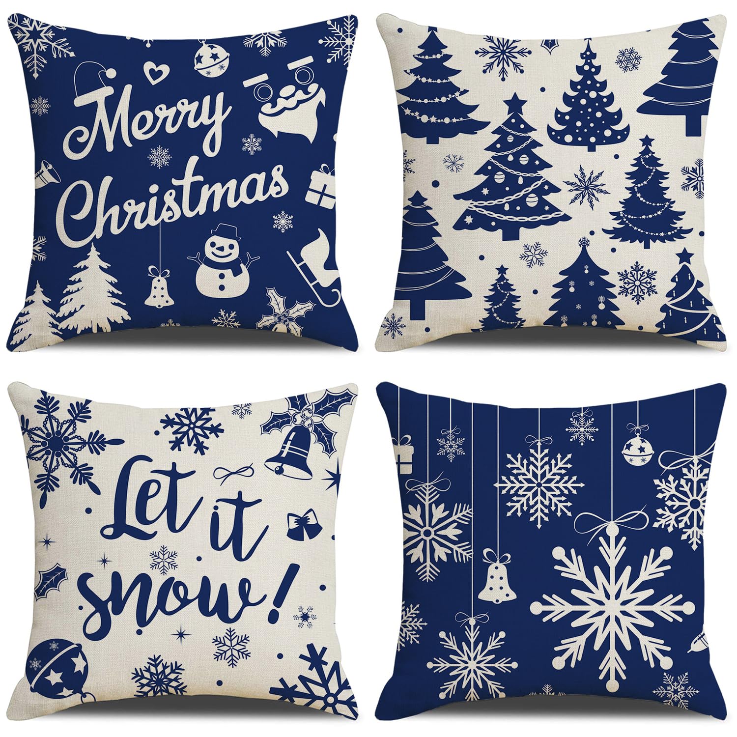 Harraca Christmas Pillow Covers 16x16 Set of 4, Christmas Decorations Throw Pillows, Christmas Pillows Decorative Throw Pillows, Blue Christmas Pillow Covers