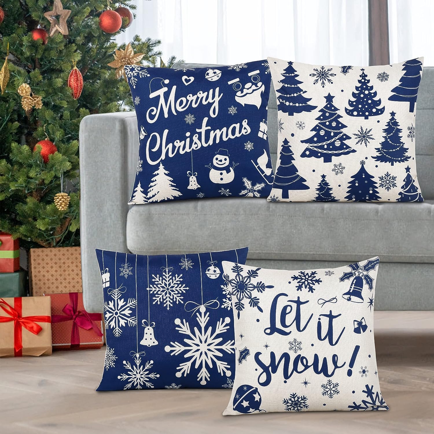 Harraca Christmas Pillow Covers 16x16 Set of 4, Christmas Decorations Throw Pillows, Christmas Pillows Decorative Throw Pillows, Blue Christmas Pillow Covers