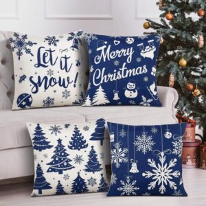 Harraca Christmas Pillow Covers 16x16 Set of 4, Christmas Decorations Throw Pillows, Christmas Pillows Decorative Throw Pillows, Blue Christmas Pillow Covers