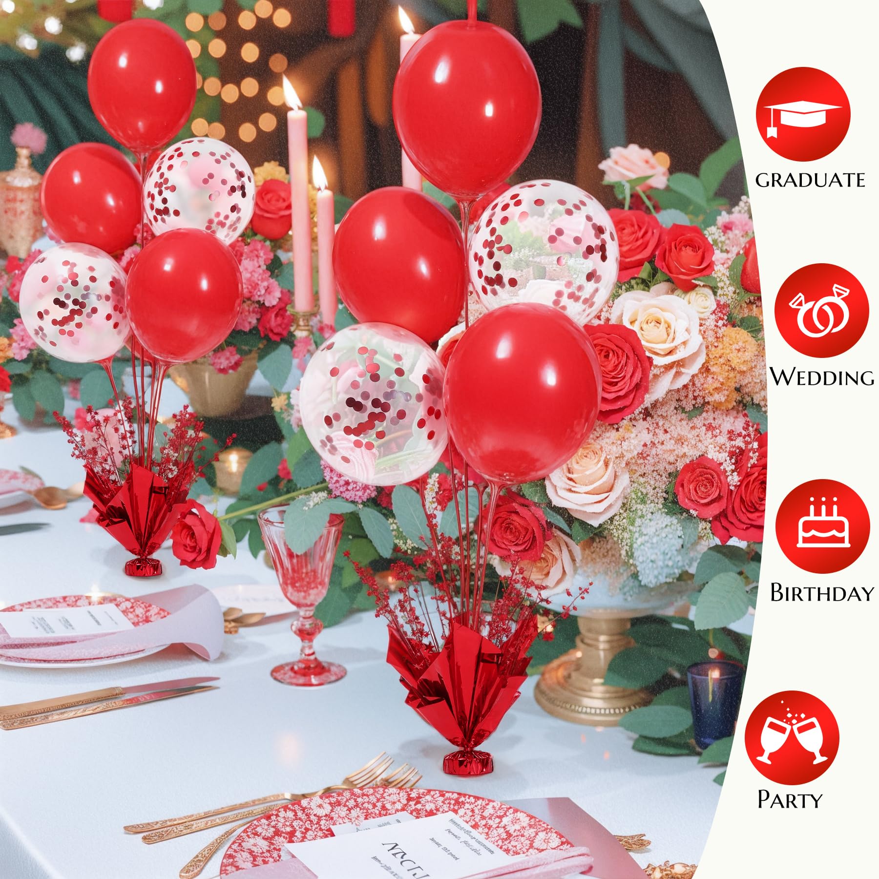 2 Set Red Table Balloons Centerpiece with 12 Red and Confetti Balloons Stand Kit for Graduation Birthday Party Baby Shower Merry Christmas Valentine's Wedding Prom Cake Table Decorations