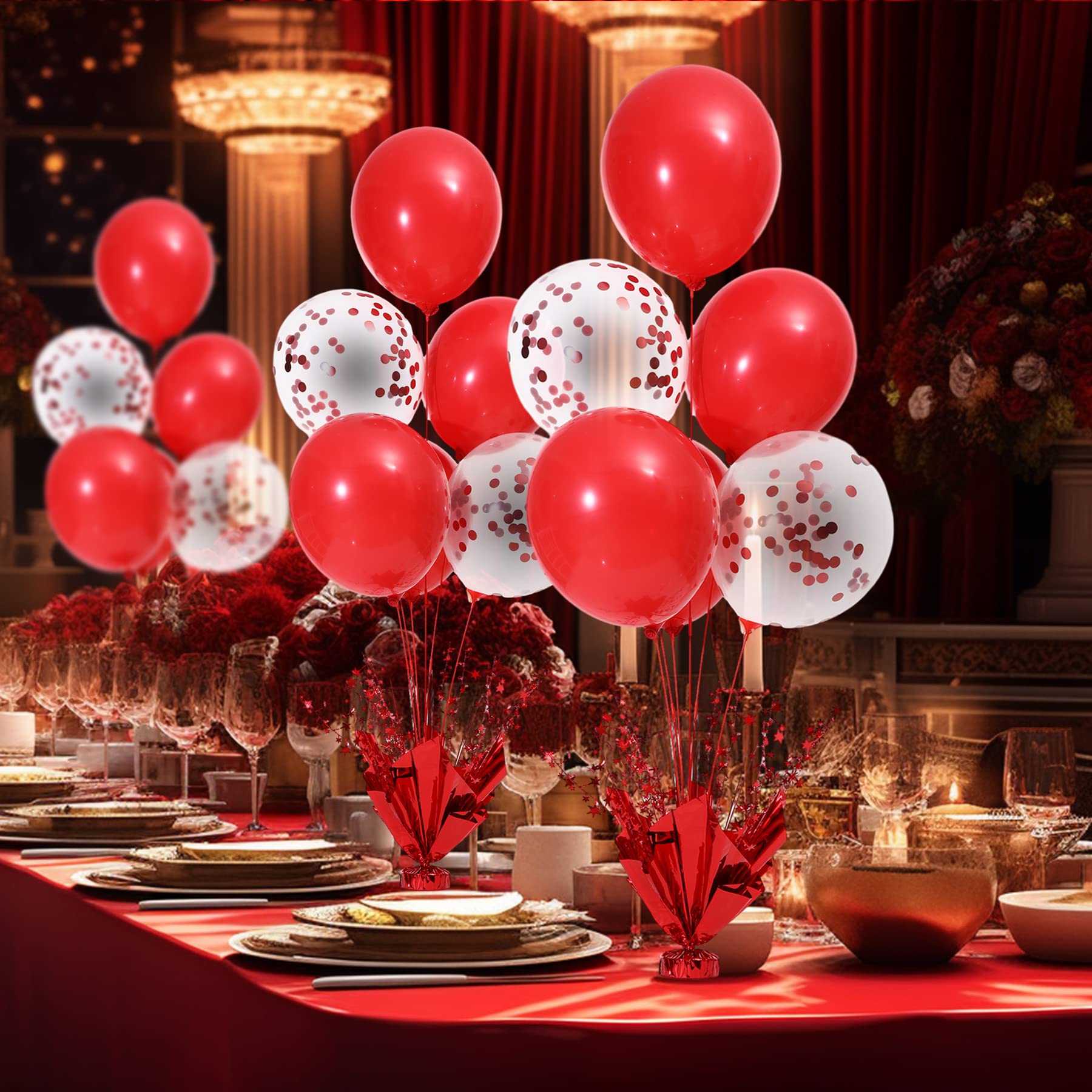 2 Set Red Table Balloons Centerpiece with 12 Red and Confetti Balloons Stand Kit for Graduation Birthday Party Baby Shower Merry Christmas Valentine's Wedding Prom Cake Table Decorations