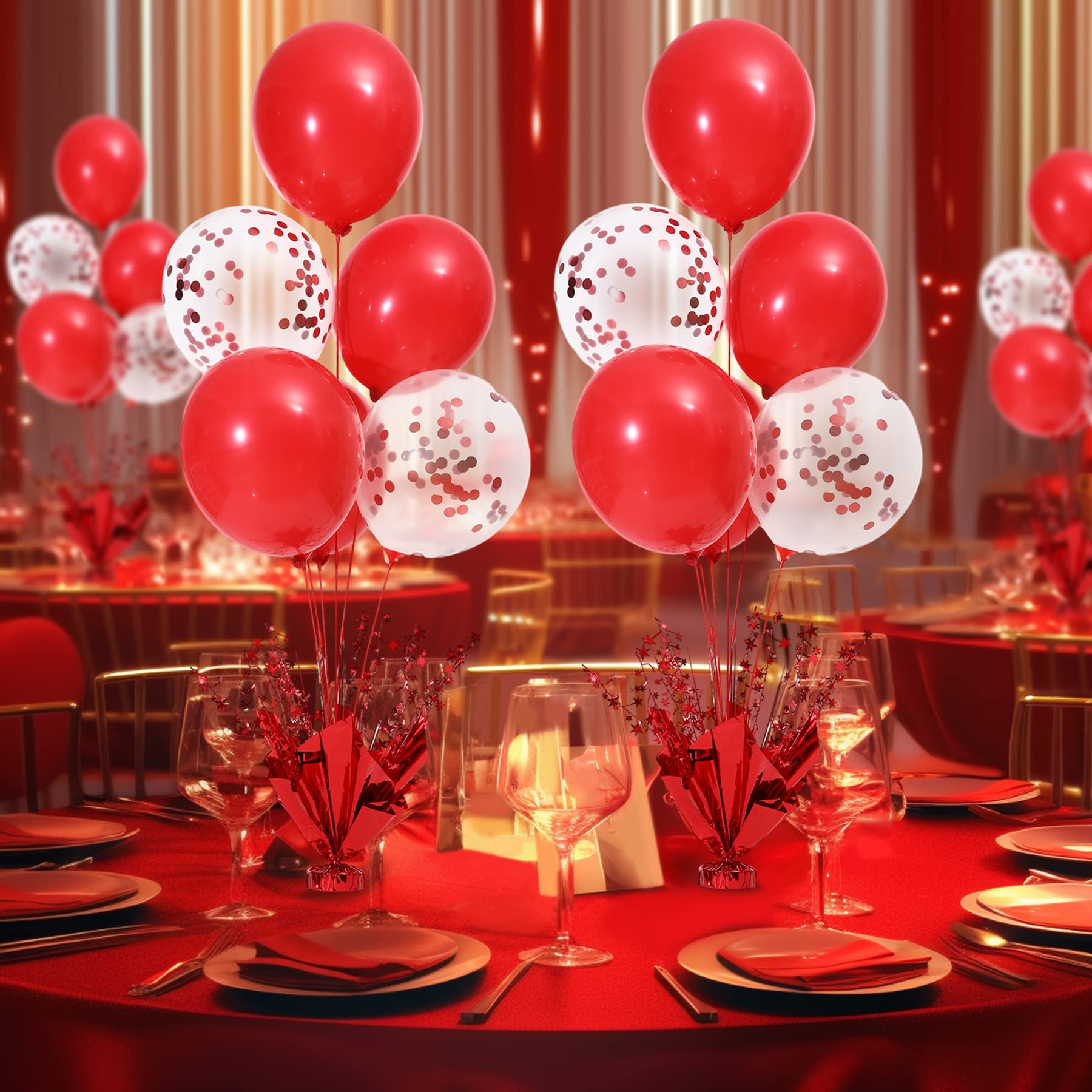 2 Set Red Table Balloons Centerpiece with 12 Red and Confetti Balloons Stand Kit for Graduation Birthday Party Baby Shower Merry Christmas Valentine's Wedding Prom Cake Table Decorations