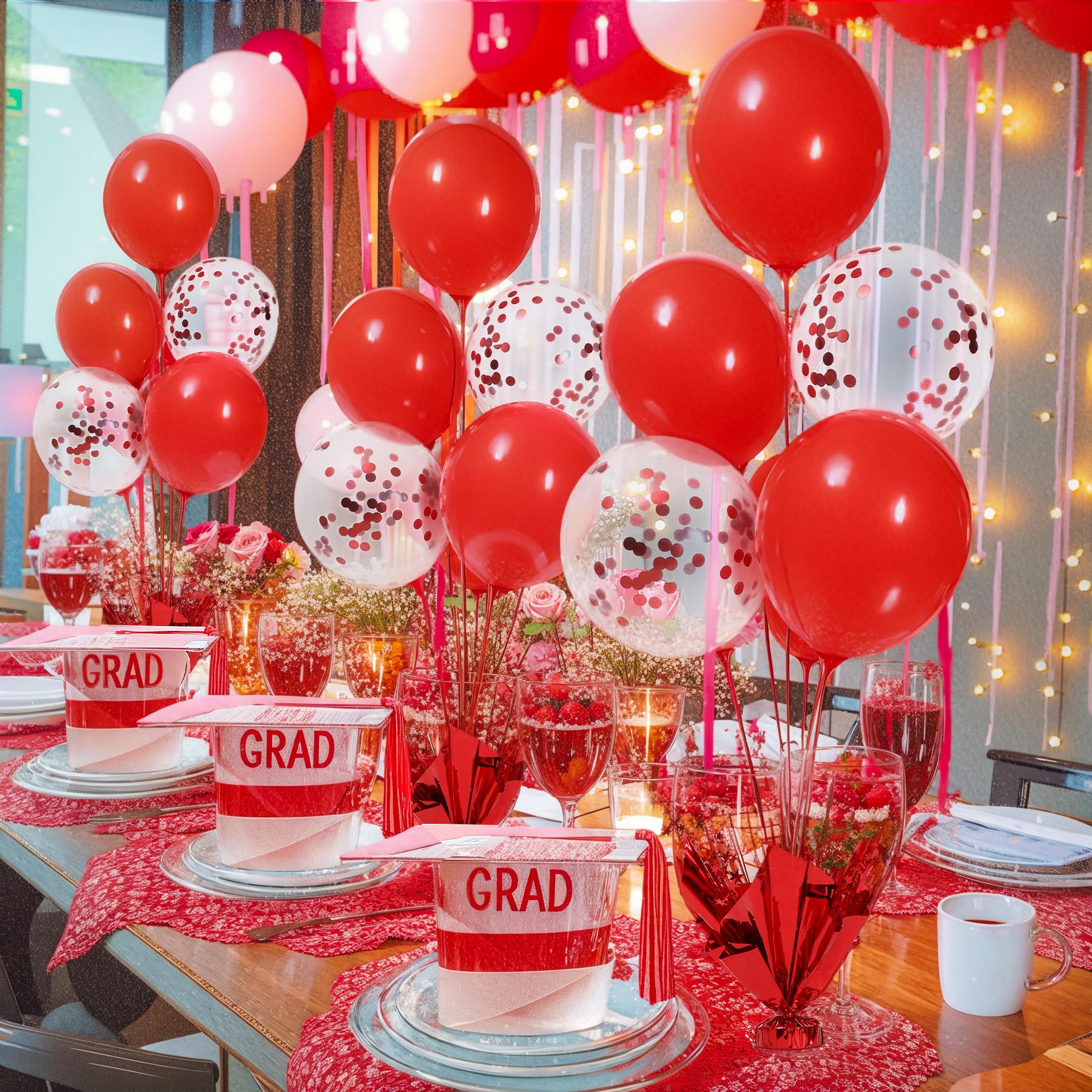 2 Set Red Table Balloons Centerpiece with 12 Red and Confetti Balloons Stand Kit for Graduation Birthday Party Baby Shower Merry Christmas Valentine's Wedding Prom Cake Table Decorations