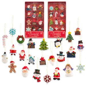 mini resin christmas ornaments set of 24 - rustic christmas decorations - small miniature christmas tree ornaments - santa snowman gingerbread angel - tiny christmas tree decorations with gift box!