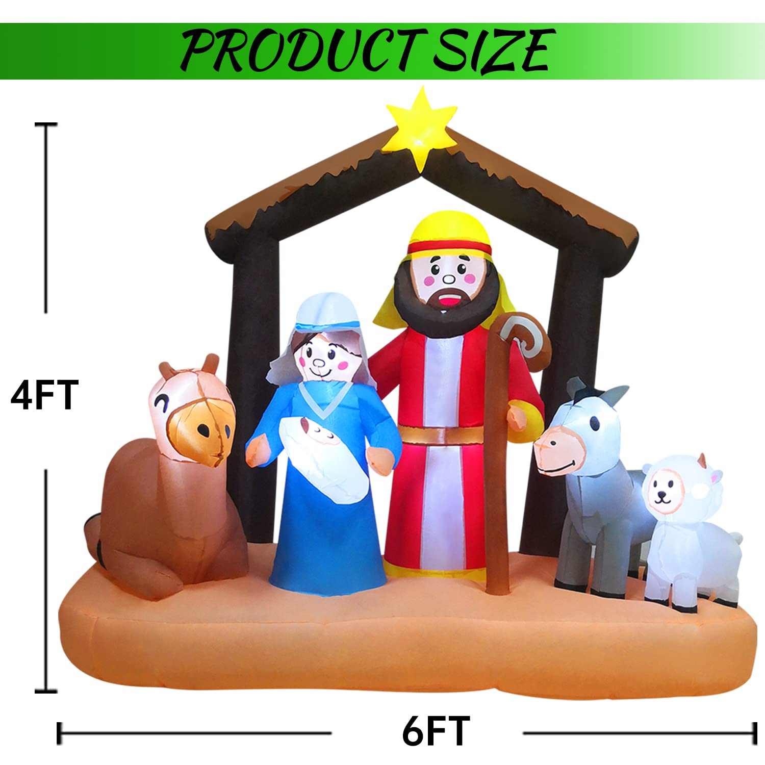 DomKom 6 ft Christmas Inflatables Nativity Scene Decoration with Build-in LEDs, Holy Family Christmas Blow up Yard Decoration, Xmas Party Holiday Outdoor Indoor Yard Lawn Winter Décor