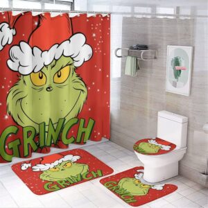 oylyoyea christmas bathroom shower curtain set, christmas shower curtain 4-piece set with non-slip rug, toilet seat cover and bath mat, holiday home decor (style 1) (red)