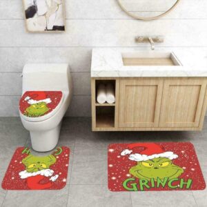 Oylyoyea Christmas Bathroom Shower Curtain Set, Christmas Shower Curtain 4-Piece Set with Non-Slip Rug, Toilet Seat Cover and Bath Mat, Holiday Home Decor (Style 1) (Red)