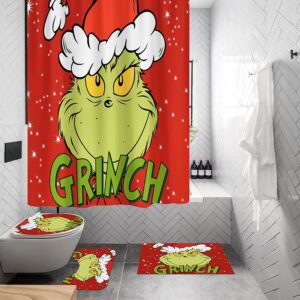 Oylyoyea Christmas Bathroom Shower Curtain Set, Christmas Shower Curtain 4-Piece Set with Non-Slip Rug, Toilet Seat Cover and Bath Mat, Holiday Home Decor (Style 1) (Red)