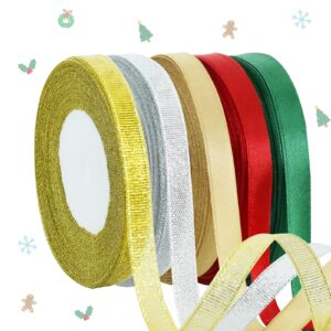 toniful 5 colors christmas ribbon, 3/8 inch x 125 yds satin ribbon rolls, red gold green gold-glitter silver-glitter thin ribbon sets, for gift wrapping ornaments hanging christmas tree decorations