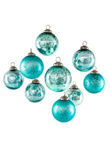 serene spaces living set of 9 assorted teal glass ball ornaments for christmas tree, holiday decorations, winter wedding, table centerpiece, window box, measures 3" diameter