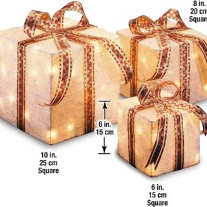 National Tree White Company lit Artificial Christmas Décor 3-Piece Set Includes Pre-strung Lights Sisal Gift Boxes, 10X10X10.6