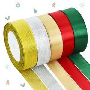 toniful 5 colors christmas ribbon, 1 inch x 125 yds satin ribbon rolls, red green gold silver-glitter gold-glitter christmas colors set, for gifts wrapping ornaments hanging christmas tree decorations