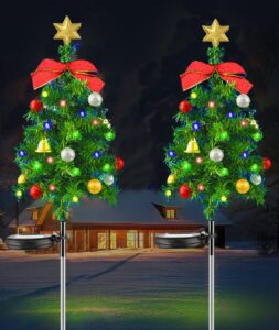 2 pack solar small christmas trees lights for outdoor, light up christmas tree outside christmas decorations, 24 led artificial mini xmas tree for garden pathway porch yard christmas decor (a)