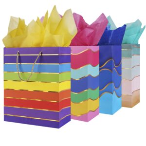 12.6" paper gift bags with tissue paper, extra large gift bags with handles, birthday gift bags medium size, rainbow gift bags large size, medium gift bags for kids, birthday bags gift wrap bags set