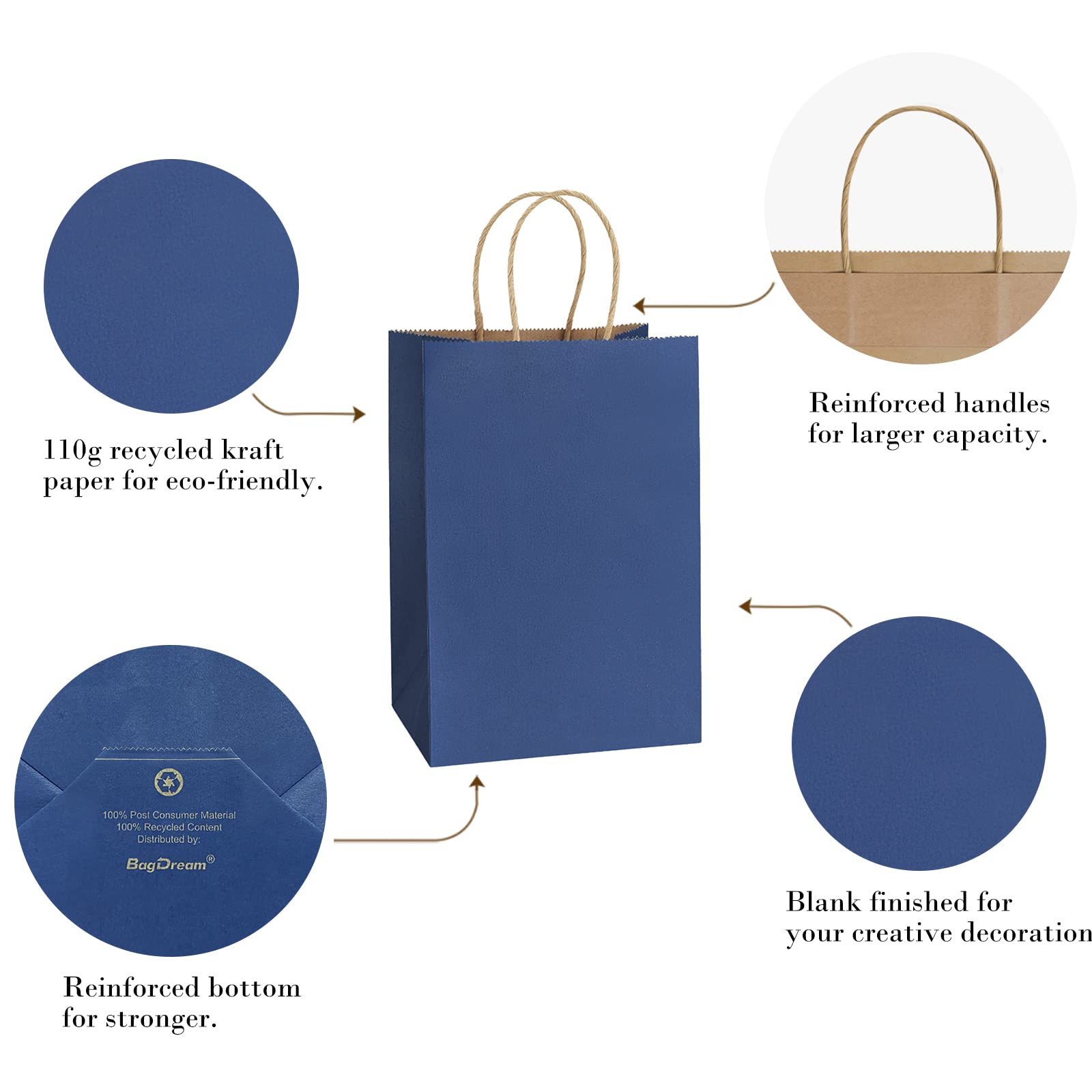 BagDream Kraft Paper Bags 100Pcs 5.25x3x8 Inches Small Paper Gift Bags with Handles Wedding Party Favor Bags Shopping Retail Merchandise Bags Navy Blue Gift Bags Paper Sacks Bulk