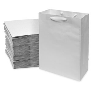 prime line packaging 10x5x13 50 pack white gift bags with handles bulk, medium kraft paper bags for boutique, shopping, wedding, birthday gift wrap