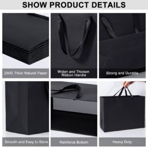 Umoonfine Gift Wrap Bag, 12 Pack Extra Large Black Paper Bags with Ribbon Handles, 15.7x5.9x12 Inches, Reusable for Shopping, Wedding, Party