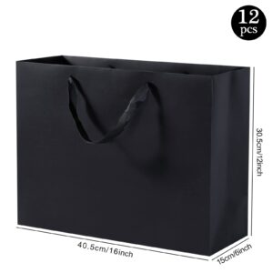 Umoonfine Gift Wrap Bag, 12 Pack Extra Large Black Paper Bags with Ribbon Handles, 15.7x5.9x12 Inches, Reusable for Shopping, Wedding, Party