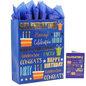 jaywayang 12.6" large happy birthday gift bag with card and tissue paper (blue)