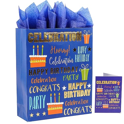 Jaywayang 12.6" Large Happy Birthday Gift Bag with Card and Tissue Paper (Blue)