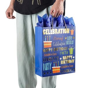 Jaywayang 12.6" Large Happy Birthday Gift Bag with Card and Tissue Paper (Blue)