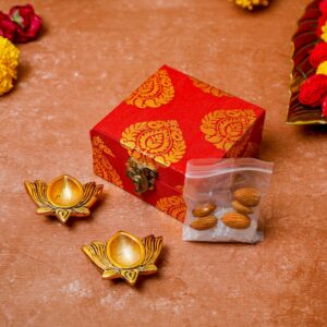 desi favor lotus diyas & mishri bliss gift box for diwali decoration | traditional diwali gift box + 2 metal diyas + mishri almonds for family/friends, festive diwali, mandir, puja, pooja - 4 pack