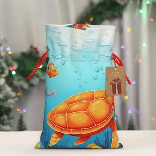 RLDOBOFE Christmas Gift Bags With Drawstring Turtle and Fish Christmas Burlap Gift Bag Christmas Drawstring Bag for Halloween Xmas Candy Bags Reusable Xmas Present Bags for Party Decorations Holiday