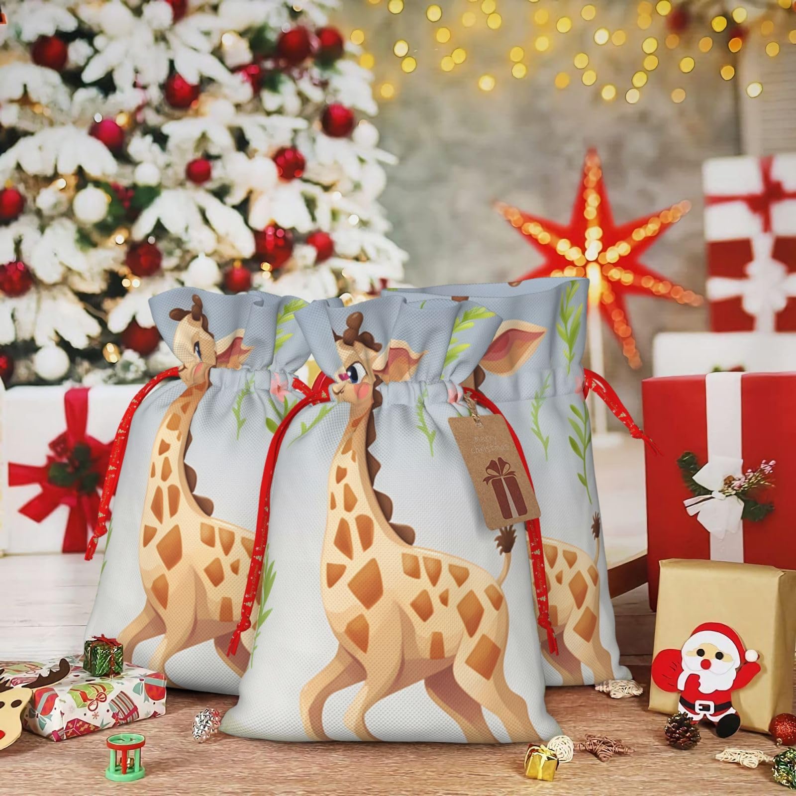 RLDOBOFE Cute giraffe print Christmas Gift Bag Christmas Drawstring Bag Reusable Gift Wrapping Goody Gift Bags with Gift Tag Present Storage Bag for Christmas Thanksgiving Wedding Party