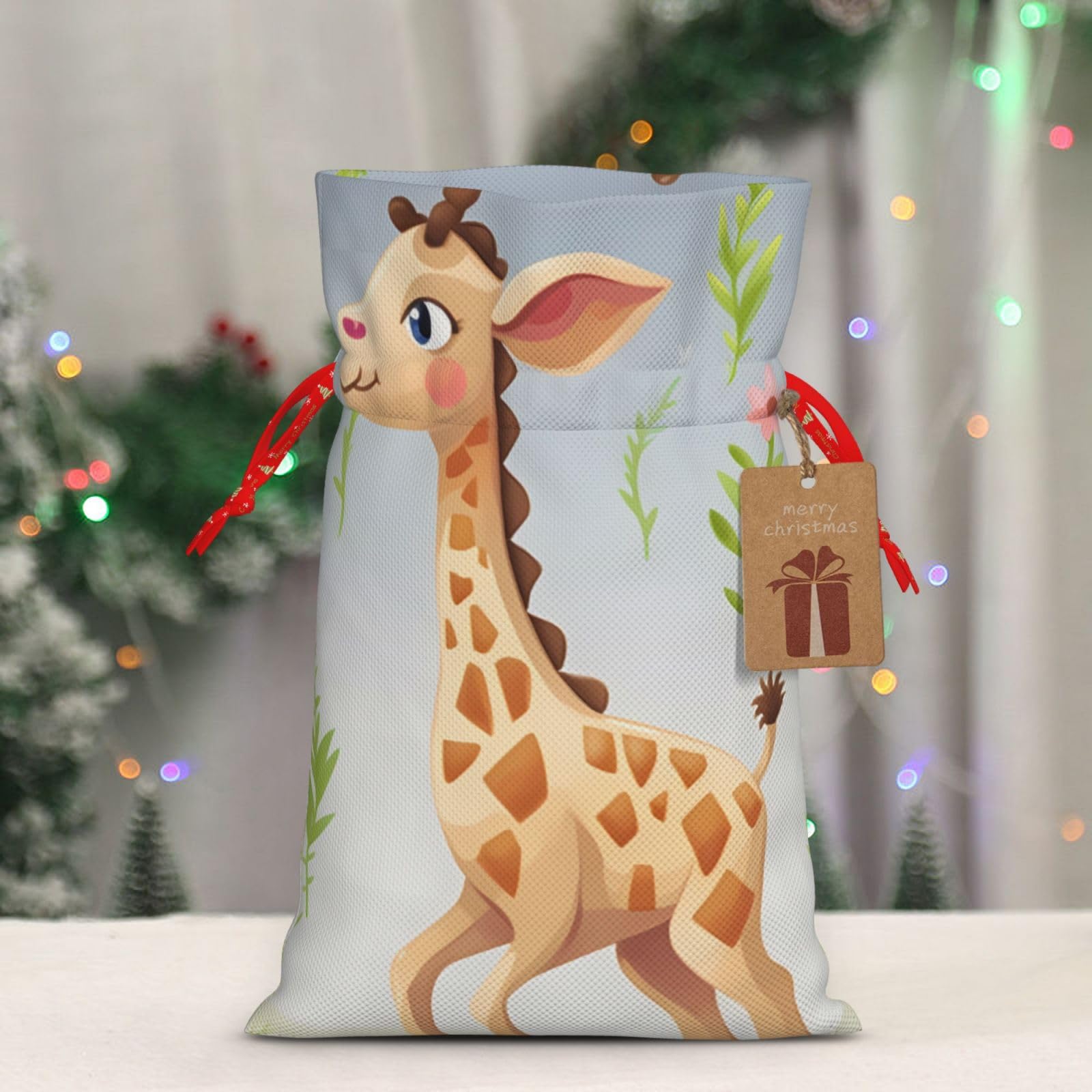 RLDOBOFE Cute giraffe print Christmas Gift Bag Christmas Drawstring Bag Reusable Gift Wrapping Goody Gift Bags with Gift Tag Present Storage Bag for Christmas Thanksgiving Wedding Party