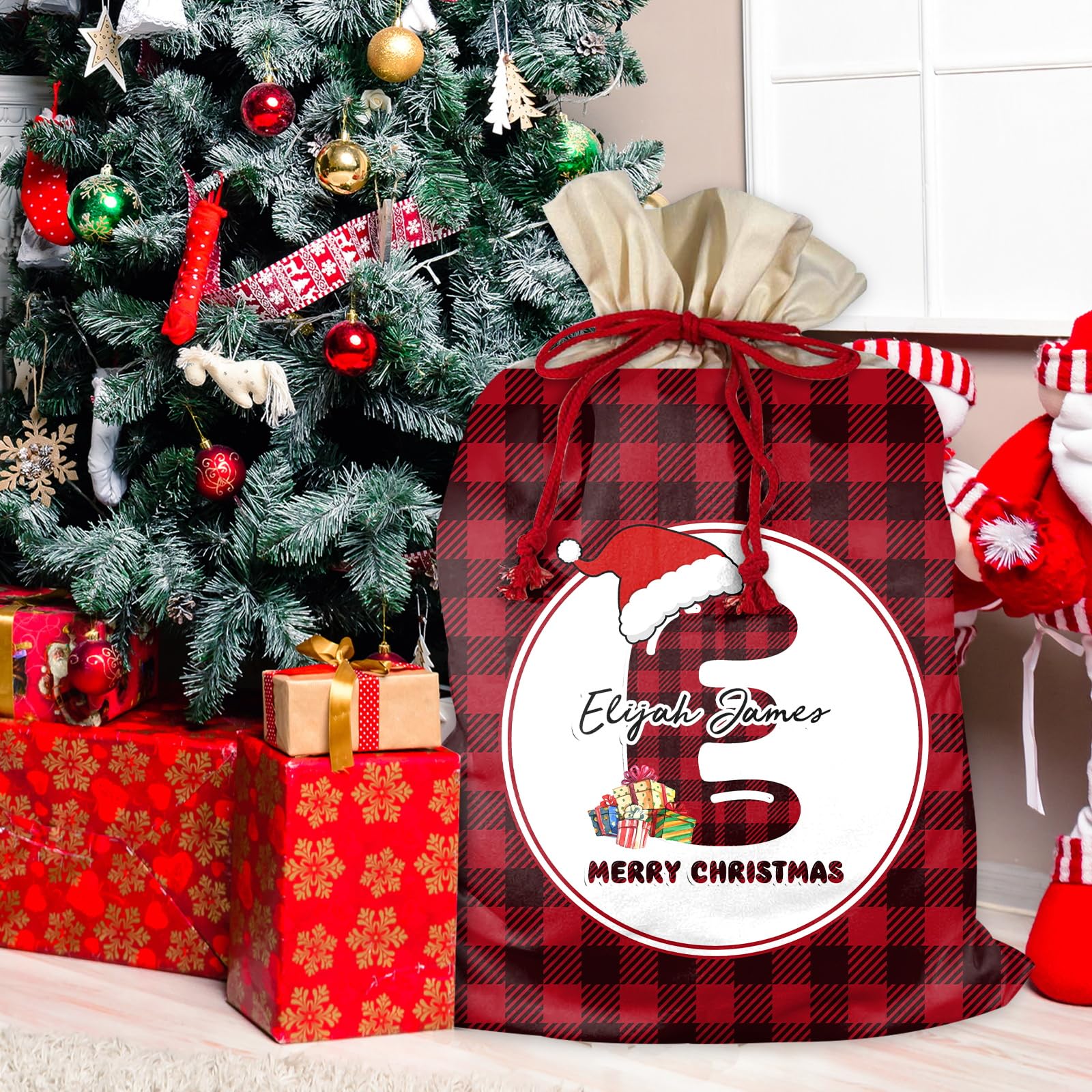 Artsadd Custom Christmas Drawstring Santa Sacks for Kids with Name, Customized Funy Pattern Xmas Ornament Decoration for Family Personalized Santa Sacks for Holiday Present Gifts