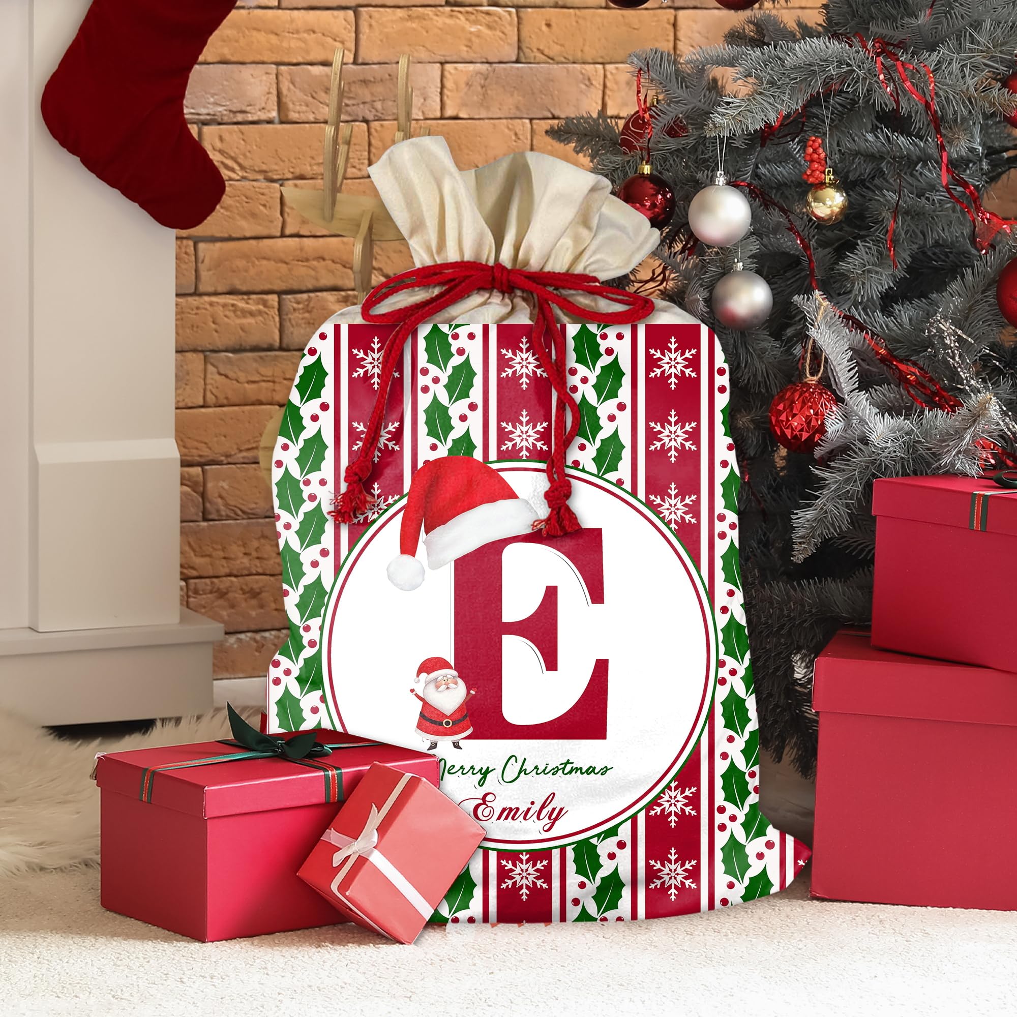 Artsadd Custom Christmas Drawstring Santa Sacks for Kids with Name, Customized Funy Pattern Xmas Ornament Decoration for Family Personalized Santa Sacks for Holiday Present Gifts