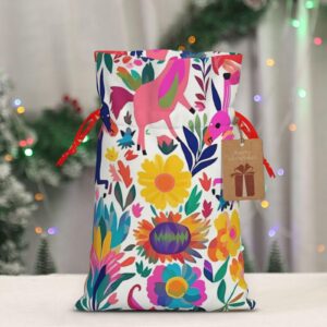 RLDOBOFE Christmas Gift Bags With Drawstring Mexican Otomi Animals Christmas Burlap Gift Bag Christmas Drawstring Bag for Halloween Xmas Candy Bags Reusable Xmas Present Bags for Party Decorations