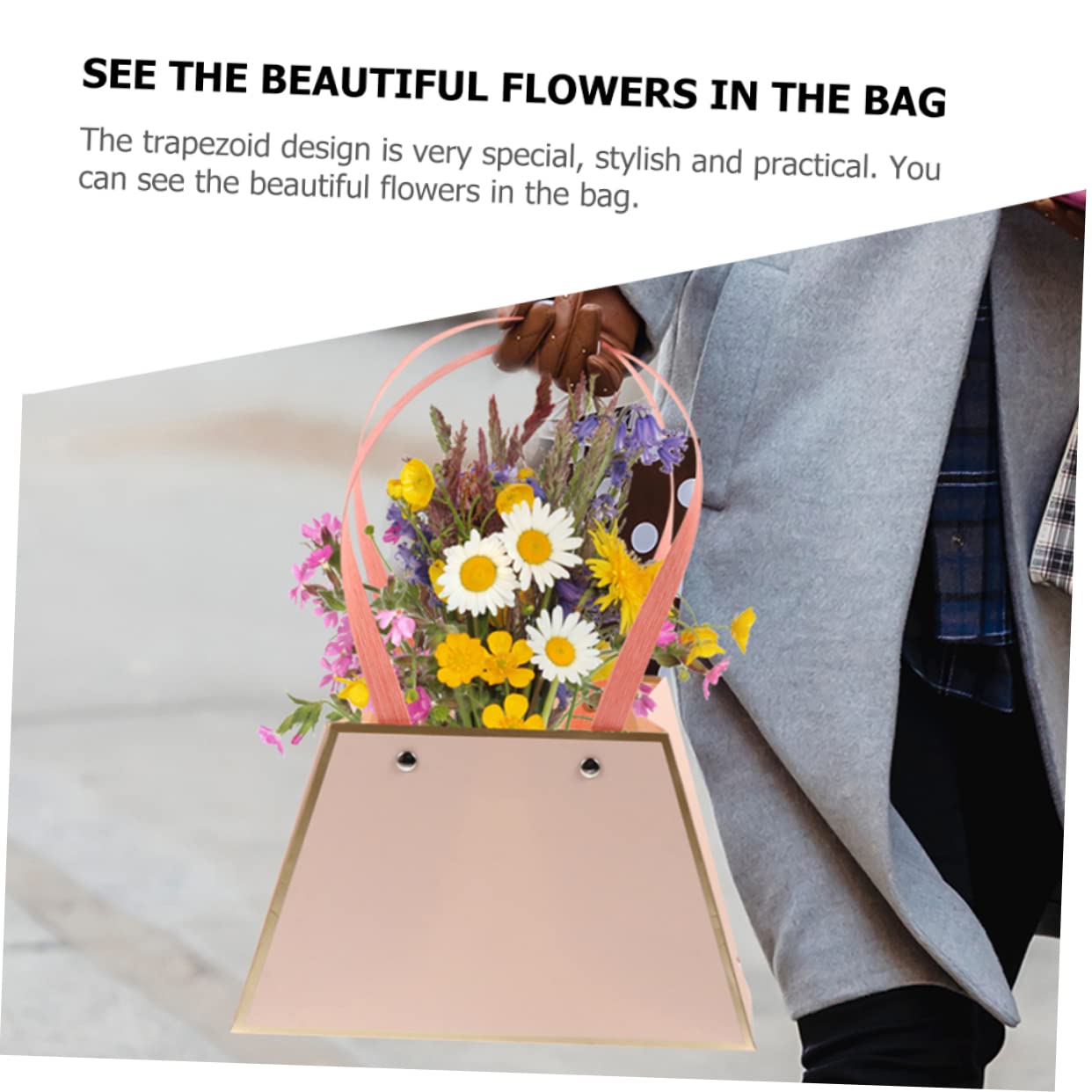 SOLUSTRE 6 Pcs Hand Gift Bag Paper Flower Bucket Kraft Paper Little Bags Flower Bouquet Wrapping Bag Floral Hug Bucket Handles Floral Gift Rose Gift Bags Black Trim Portable Black Bag Pvc