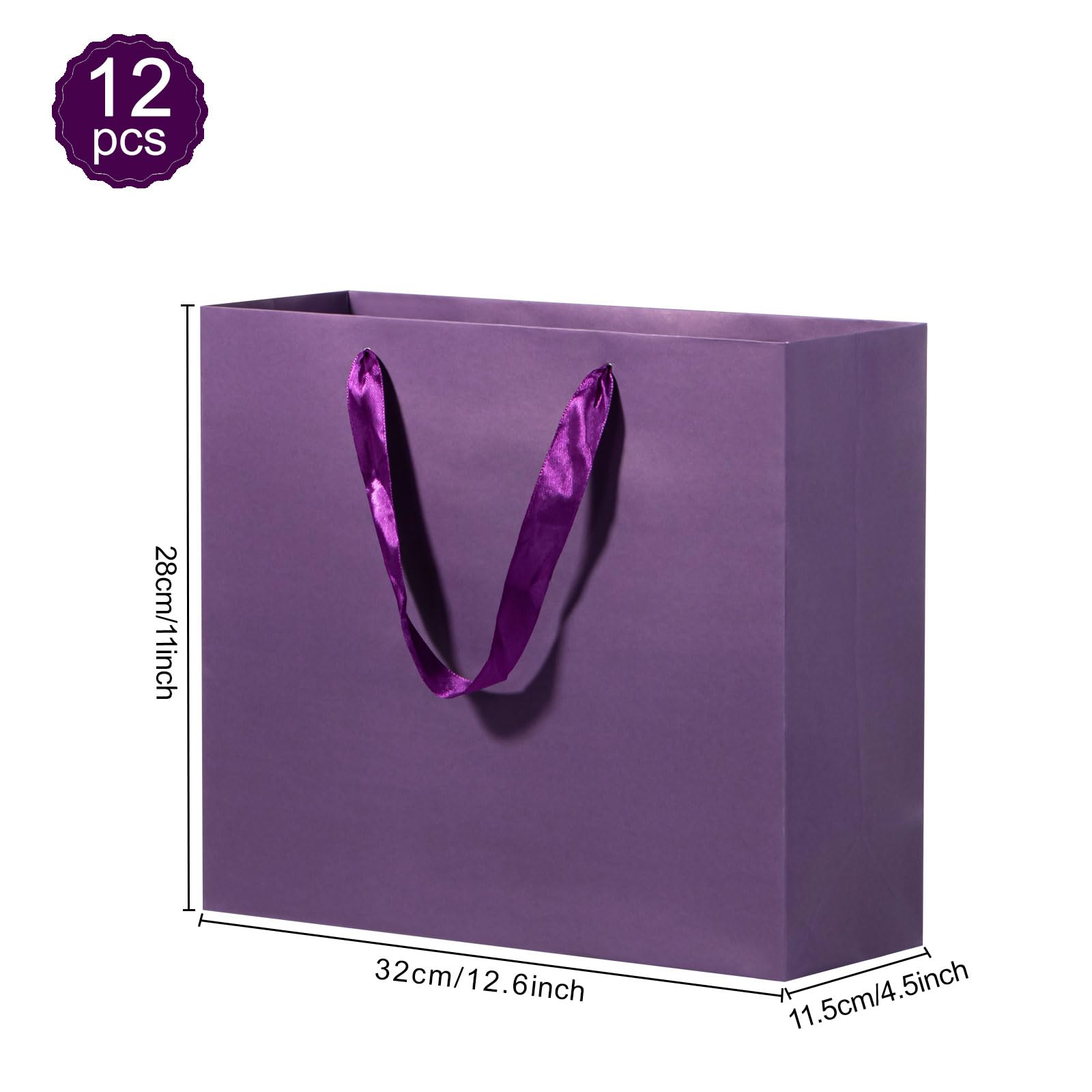 driew Large Purple Gift Bags, 12 Pack Extra Large Purple Gift Bag Ribbon Handles Heavy Duty Paper Gift Bags 12.6x4.5x11 inches Party Gift Bags for Shopping, Pakcing,Retail