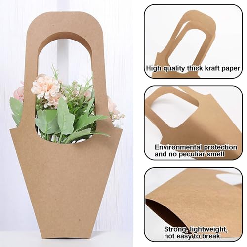 Firbirch 10 Pcs Kraft Paper Bouquet Bags with Handle, Brown Paper Flower Wrapping Gift Bags for Valentine's Day Florist Wedding Party Home Decoration (Small（35 x 19cm）)