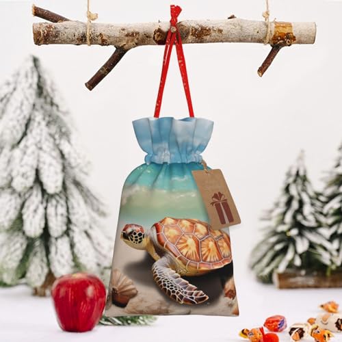 RLDOBOFE Christmas Gift Bags With Drawstring Sea Turtle Starfish Christmas Burlap Gift Bag Christmas Drawstring Bag for Halloween Xmas Candy Bags Reusable Xmas Present Bags for Party Decorations