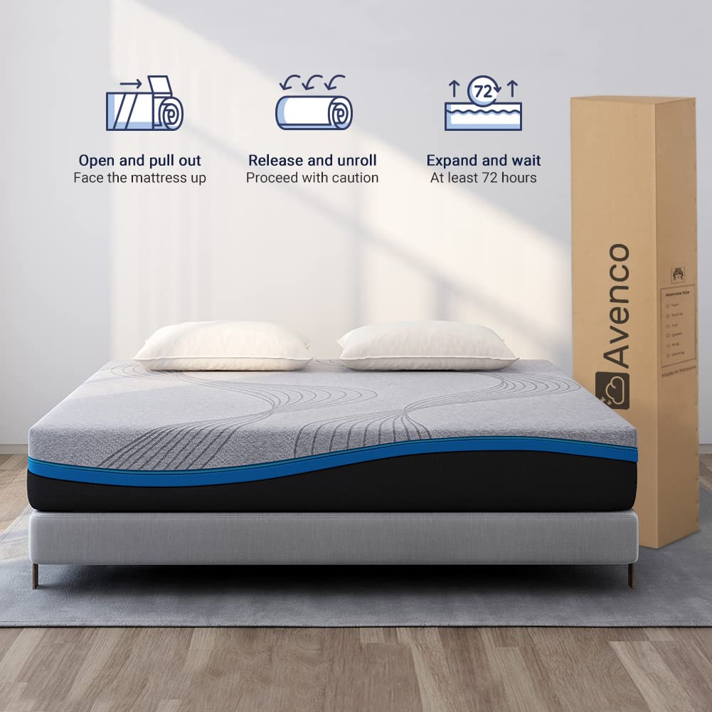 Avenco Queen Mattress, Grey Queen Memory Foam Mattress, 10 Inch Queen Size Mattress in a Box with Skin-Friendly Cover, 2 Foam Layers for Cooling, Supportive & Pressure Relieving