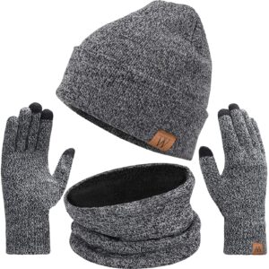 mens winter hat scarf gloves 3 in 1, fleece lined thick warm beanie hats set, knit slouchy skull caps (grey)