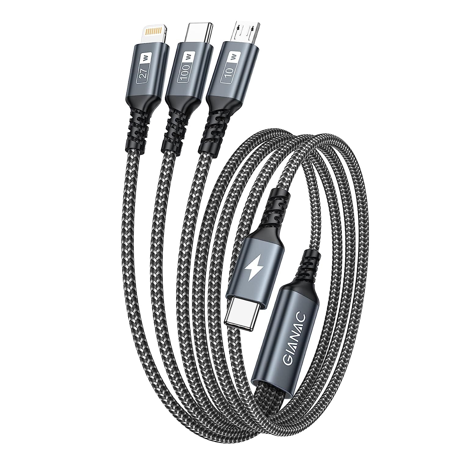 GIANAC 100W USB C Multi Charging Cable [1.2M] 3 in 1 Charging Cable with E-Mark Chip, USB C [100W]+Lightning[27W]+Micro[10W] for Samsung S23,iPad Pro, iPad Mini, MacBook Pro/Air/iPhone14 13 12 11