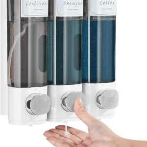 3 in 1 Shampoo and Conditioner Dispenser wall, Shower Dispenser 3 Chamber No Drill, White Bathroom Soap Dispenser and Labels