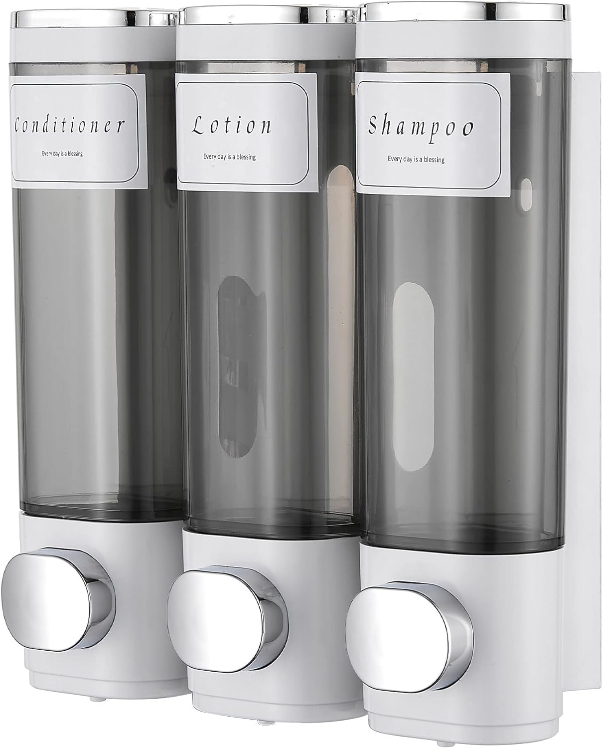 3 in 1 Shampoo and Conditioner Dispenser wall, Shower Dispenser 3 Chamber No Drill, White Bathroom Soap Dispenser and Labels