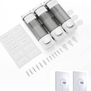 3 in 1 Shampoo and Conditioner Dispenser wall, Shower Dispenser 3 Chamber No Drill, White Bathroom Soap Dispenser and Labels